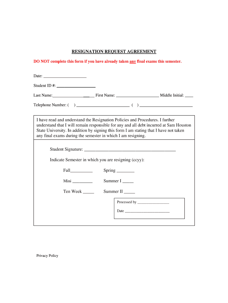 Fillable Online shsu NOTE: Please review the Resignation Policies and ...