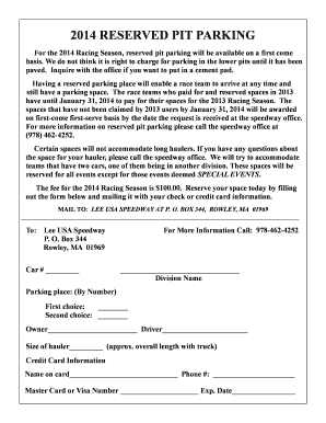 Fillable Online leeusaspeedway 2014 reserved pit parking form - Lee USA ...