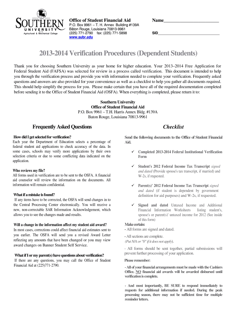 Fillable Online subr Dependent Verification Form - Southern University ...
