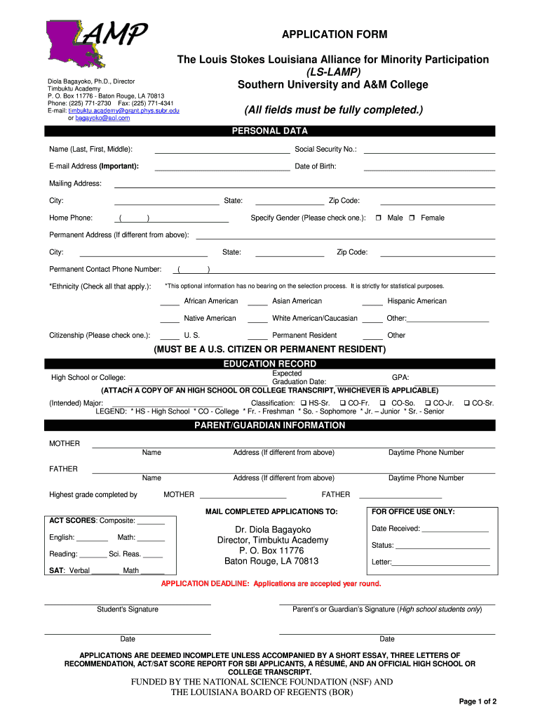 Fillable Online subr SUBR LAMP Application - Southern University Fax Email Print - pdfFiller
