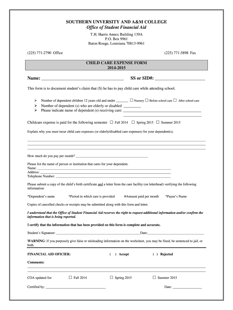 Fillable Online subr Child Care Expense Form Fax Email Print - pdfFiller