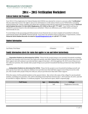 Fillable Online binghamton 2014 2015 Verification Worksheet - Binghamton - binghamton Fax Email ...