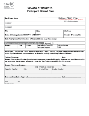 Fillable Online oneonta COLLEGE AT ONEONTA Participant Stipend Form Fax ...