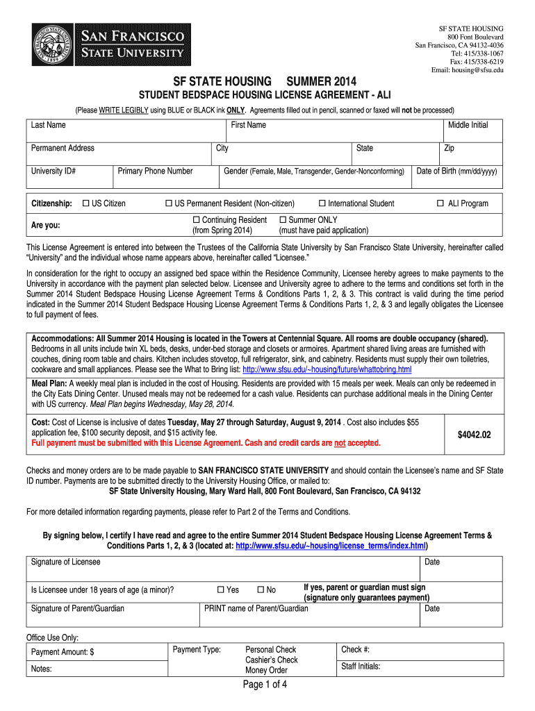 Fillable Online sfsu ALI Summer License Agreement - San Francisco State ...