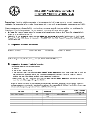 Fillable Online banapps westernu 20142015 Verification Worksheet CUSTOM VERIFICATION V-4 ...