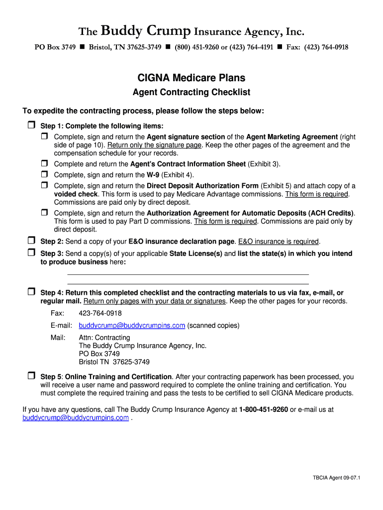 Fillable Online CIGNA Agent Contract - The Buddy Crump Insurance Agency Inc Fax Email Print ...
