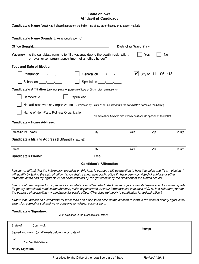 Fillable Online Affidavit of Candidacy for the 2013 Regular City ...