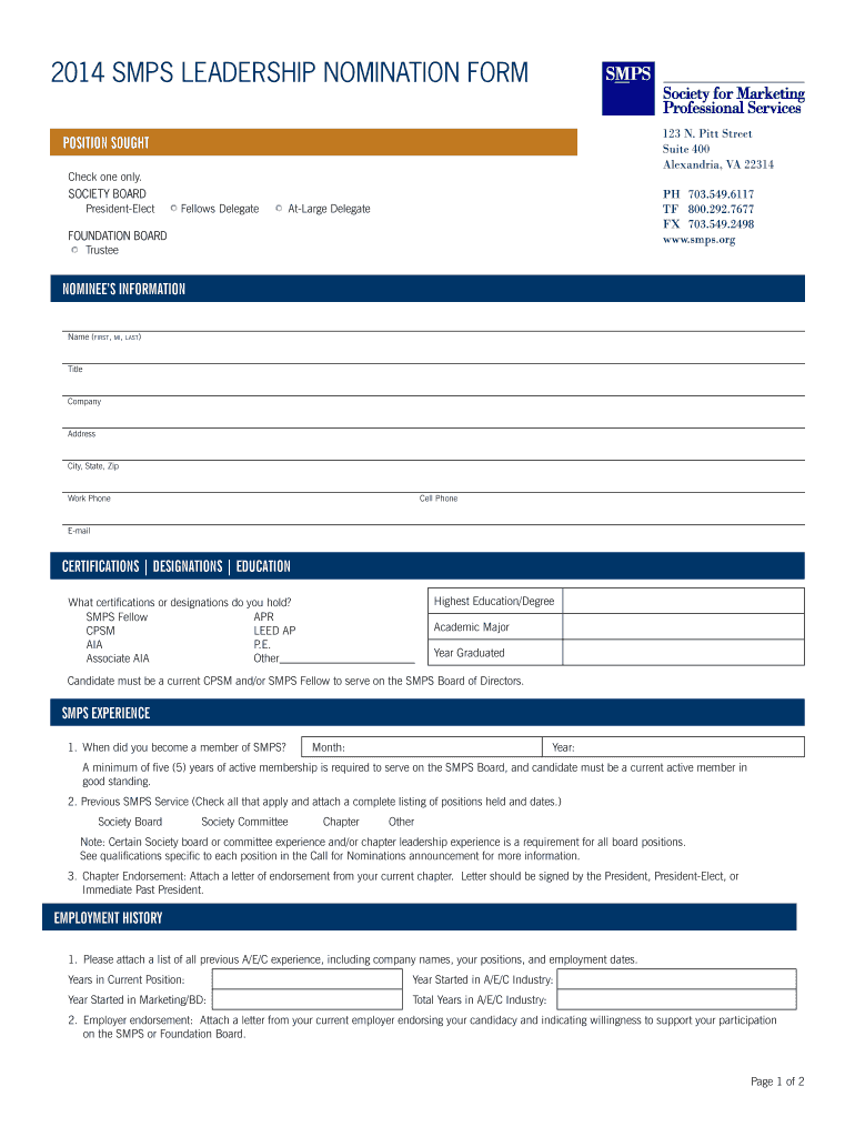 Fillable Online 2014 SMPS LEADERSHIP NOMINATION FORM Fax Email Print ...