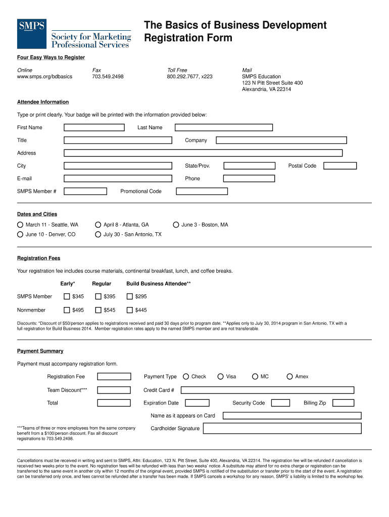 Fillable Online The Basics of Business Development Registration Form - SMPS Fax Email Print ...