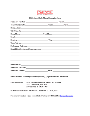 Fillable Online siue SIUE Alumni Hall of Fame Nomination Form - Welcome to SIUE - siue Fax Email ...