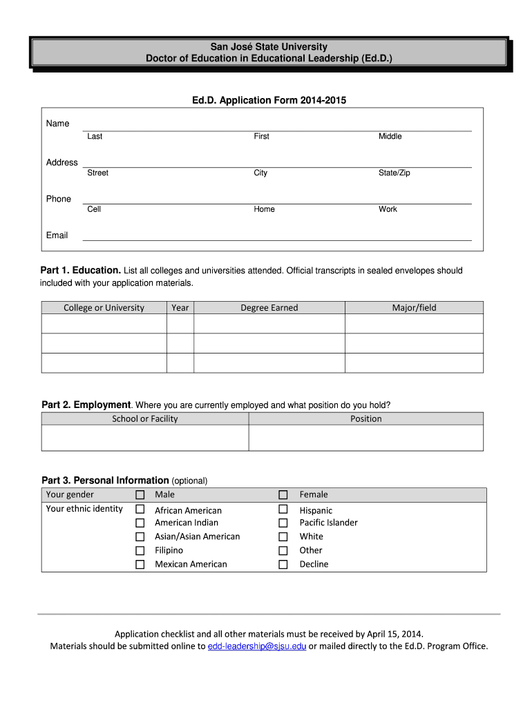 Fillable Online sjsu San Jos State University Doctor of Education in ...