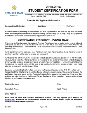 Fillable Online sjsu 2013-2014 student certification form - San Jose ...
