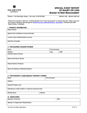 Fillable Online sjsu Special Event Report of Injury or Loss Form Fax ...