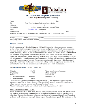 Fillable Online potsdam 5x5x5 Summer 2014 Program Application - - potsdam Fax Email Print ...