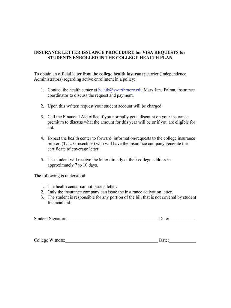 Fillable Online swarthmore INSURANCE LETTER ISSUANCE PROCEDURE for VISA ...