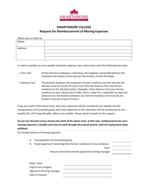 Fillable Online swarthmore Request for reimbursement moving expenses ...