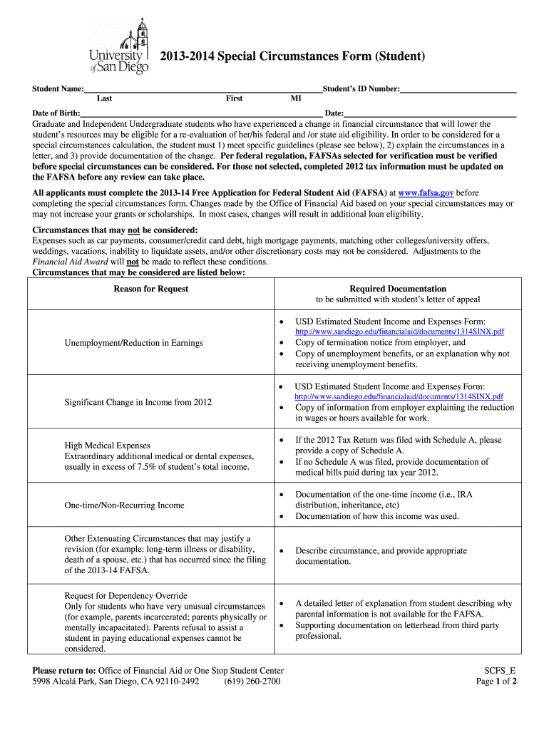Fillable Online sandiego 1314 Special Circumstances Form Student ...