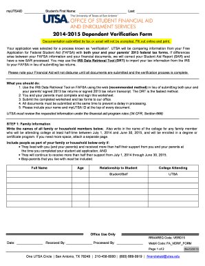 Fillable Online utsa 2014-2015 Dependent Verification Form - Welcome to ...