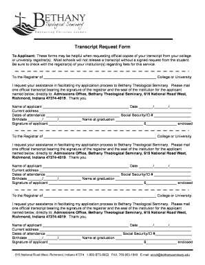 Fillable Online bethanyseminary Transcript Request Form - Bethany ...