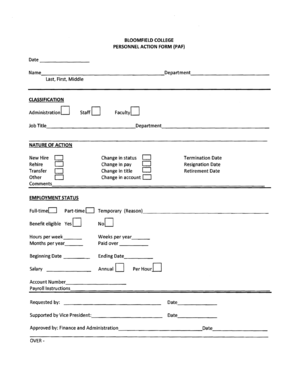 Fillable Online bloomfield BLOOMFIELD COLLEGE PERSONNEL ACTION FORM ...