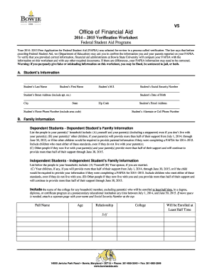 Fillable Online bowiestate V5 Office of Financial Aid 2014 2015 Verification Worksheet Federal ...
