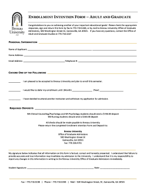 Fillable Online Enrollment intention form adult and graduate - Brenau ...