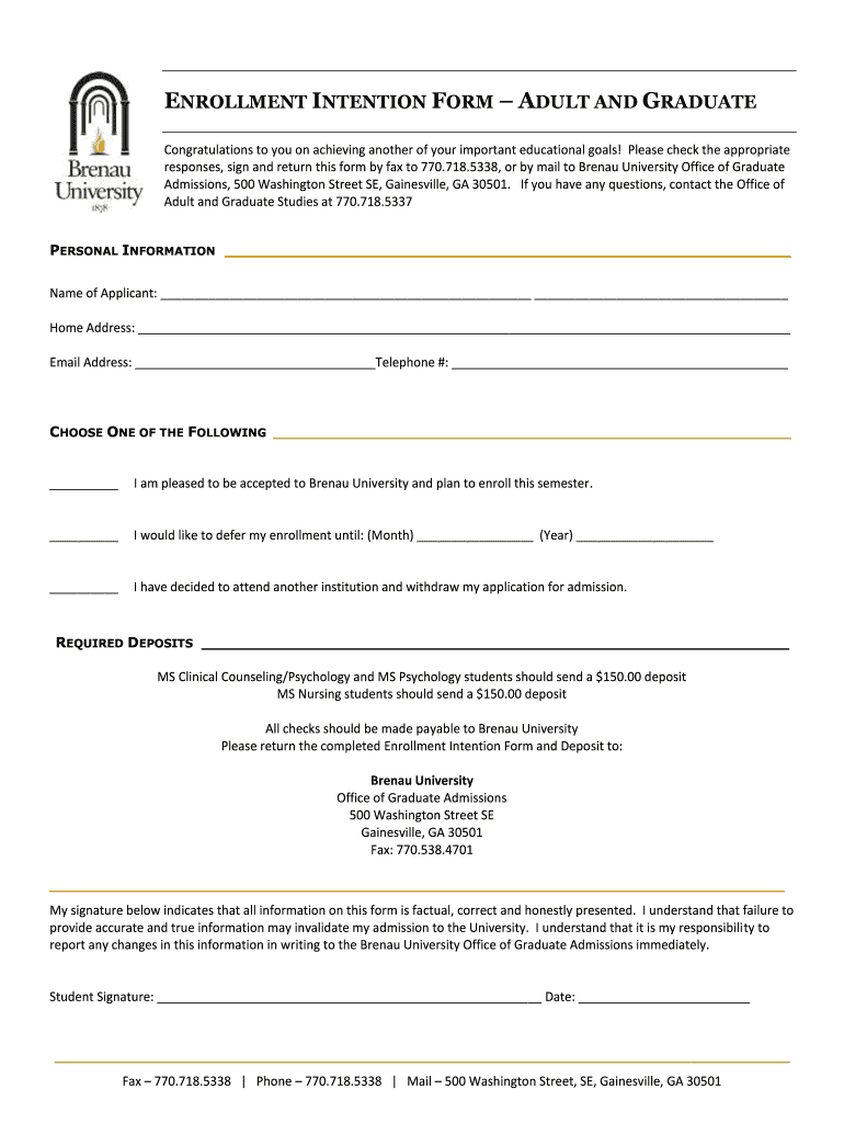 Fillable Online Enrollment intention form adult and graduate - Brenau University Fax Email Print ...