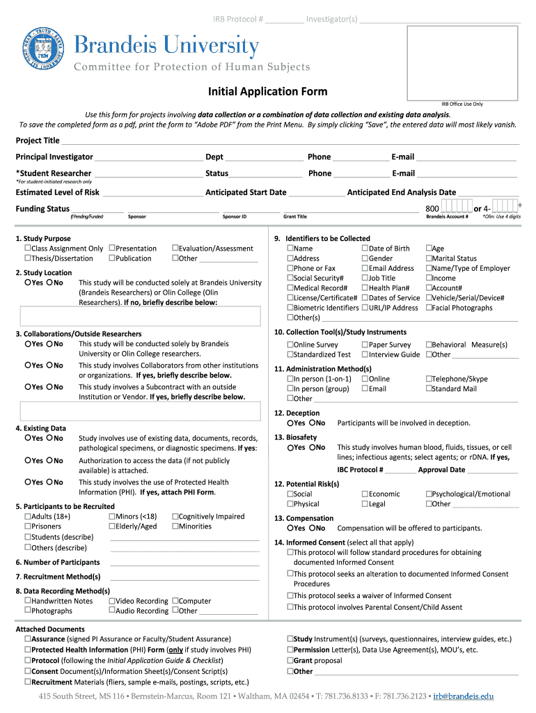 Fillable Online brandeis IRB Protocol # Investigator(s) Brandeis University Committee for ...