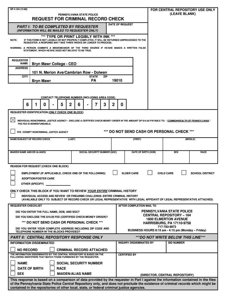 Fillable Online brynmawr Request for criminal record check 6 1 0 - Bryn ...