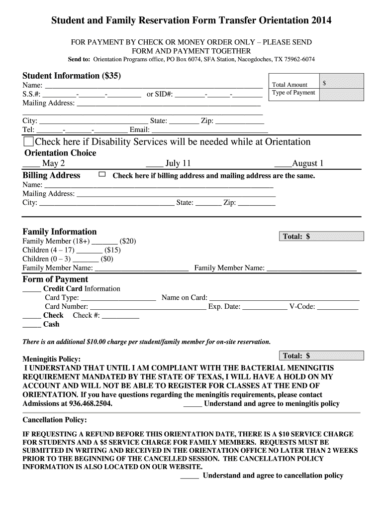 Fillable Online sfasu Transfer Orientation Printable Reservation Form - sfasu Fax Email Print ...