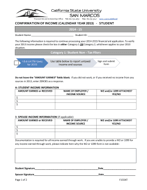 Fillable Online csusm CONFIRMATION OF INCOME (CALENDAR YEAR 2013 ...