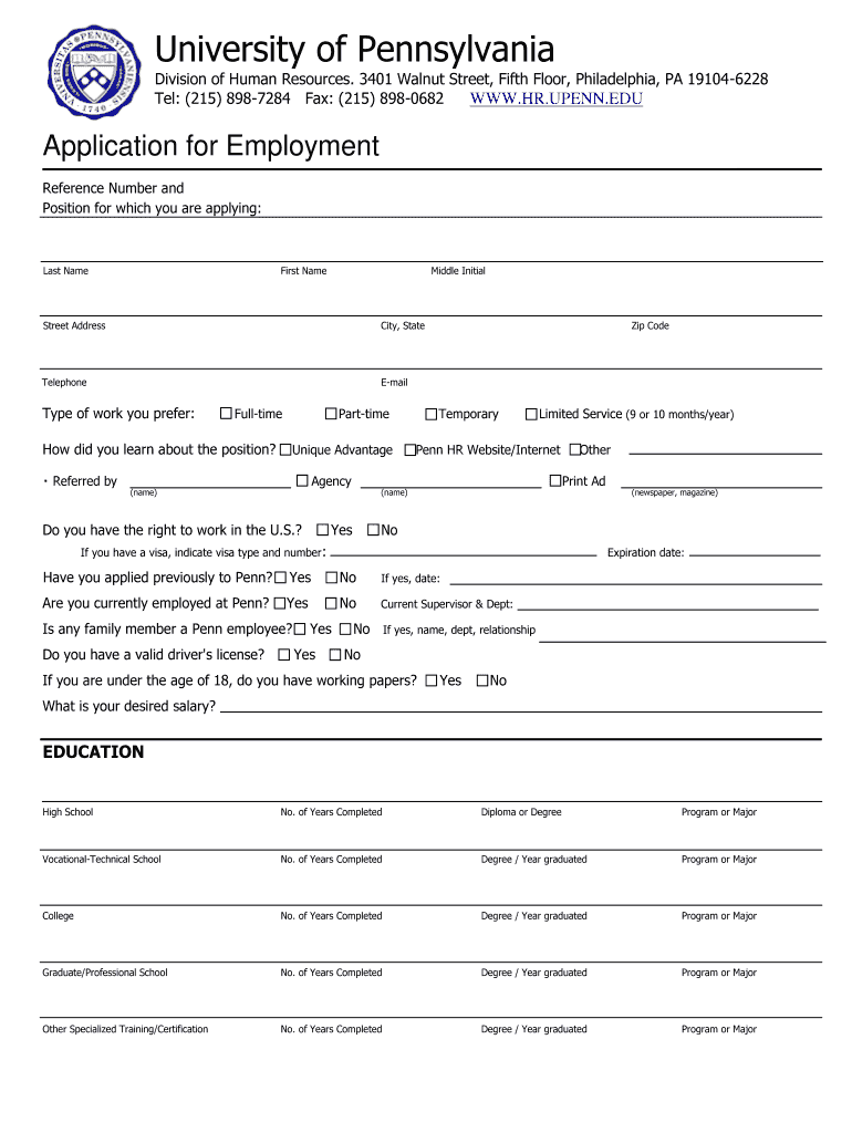Fillable Online upenn Employment Application - University of ...