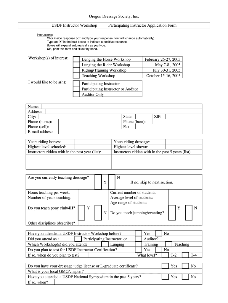 Fillable Online USDF Instructor Workshop Participating Instructor Application Form Instructions ...
