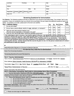 Fillable Online butler Screening Questions for Immunization - Butler ...