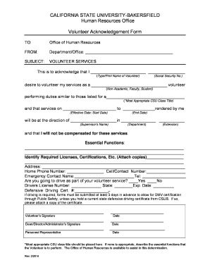 Fillable Online csub Volunteer Acknowledgment Form - California State University ... Fax Email ...