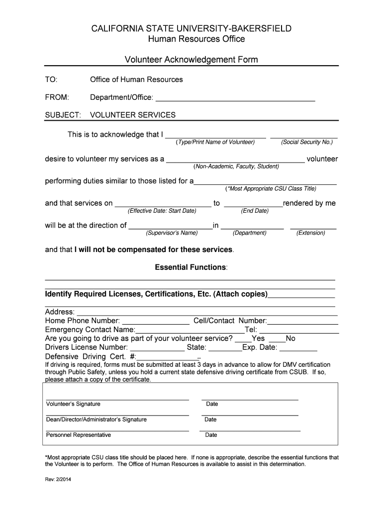 Fillable Online csub Volunteer Acknowledgment Form - California State ...