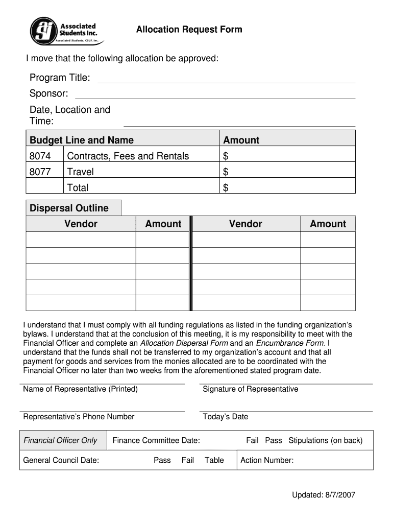 Fillable Online fullerton I move that the following allocation be ...