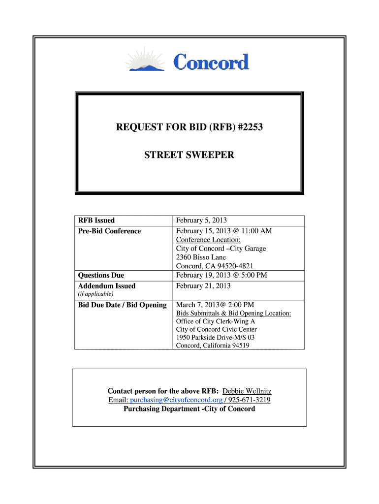 Fillable Online cityofconcord REQUEST FOR BID (RFB) #2253 Fax Email ...