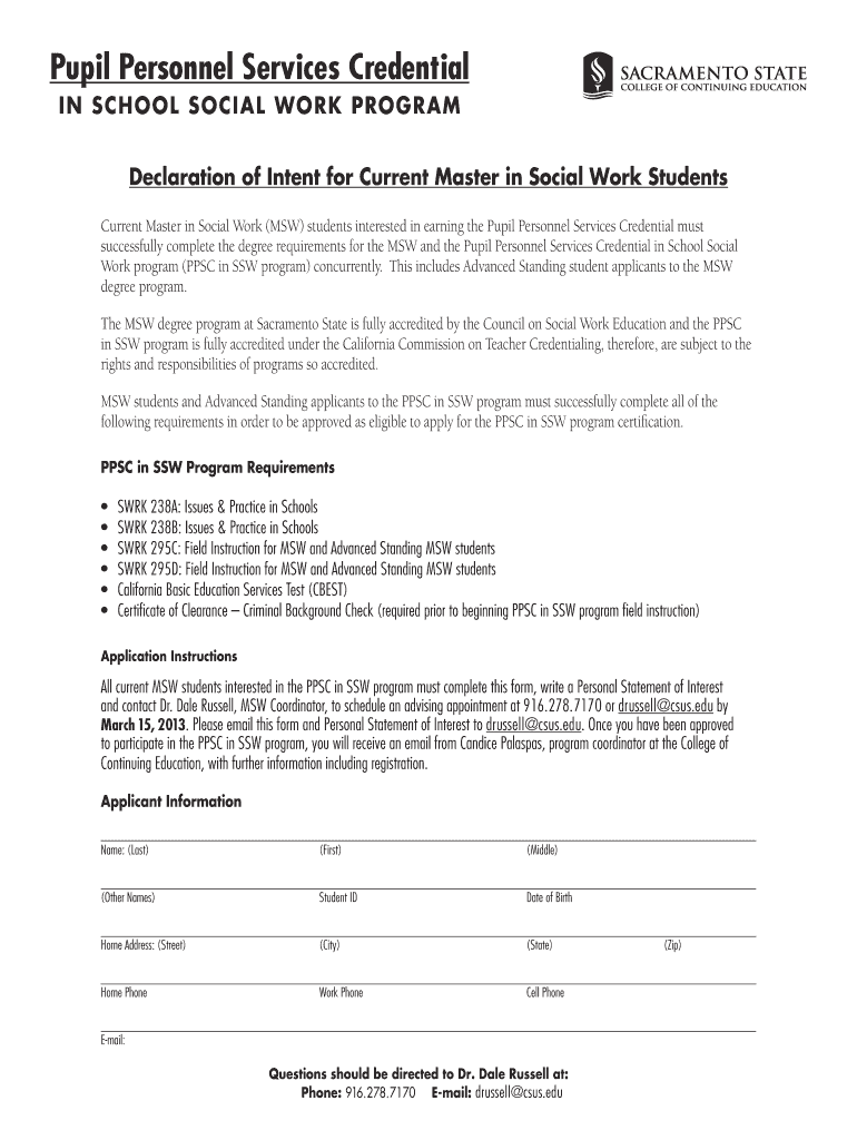 Fillable Online csus Pupil Personnel Services Credential IN SCHOOL ...