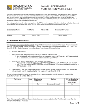 Fillable Online brandman 2014-2015 dependent verification worksheet - Brandman University Fax ...
