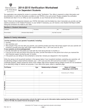 Fillable Online stthomas 15 IVFD 2014-2015 Verification Worksheet for ...