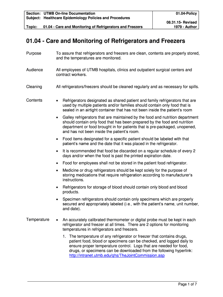 Fillable Online utmb Care of Refrigerators and Freezers Policies and ...
