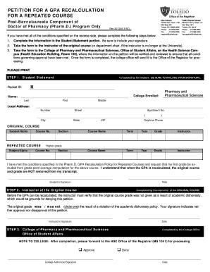 Fillable Online utoledo PETITION FOR A GPA RECALCULATION FOR A REPEATED ...