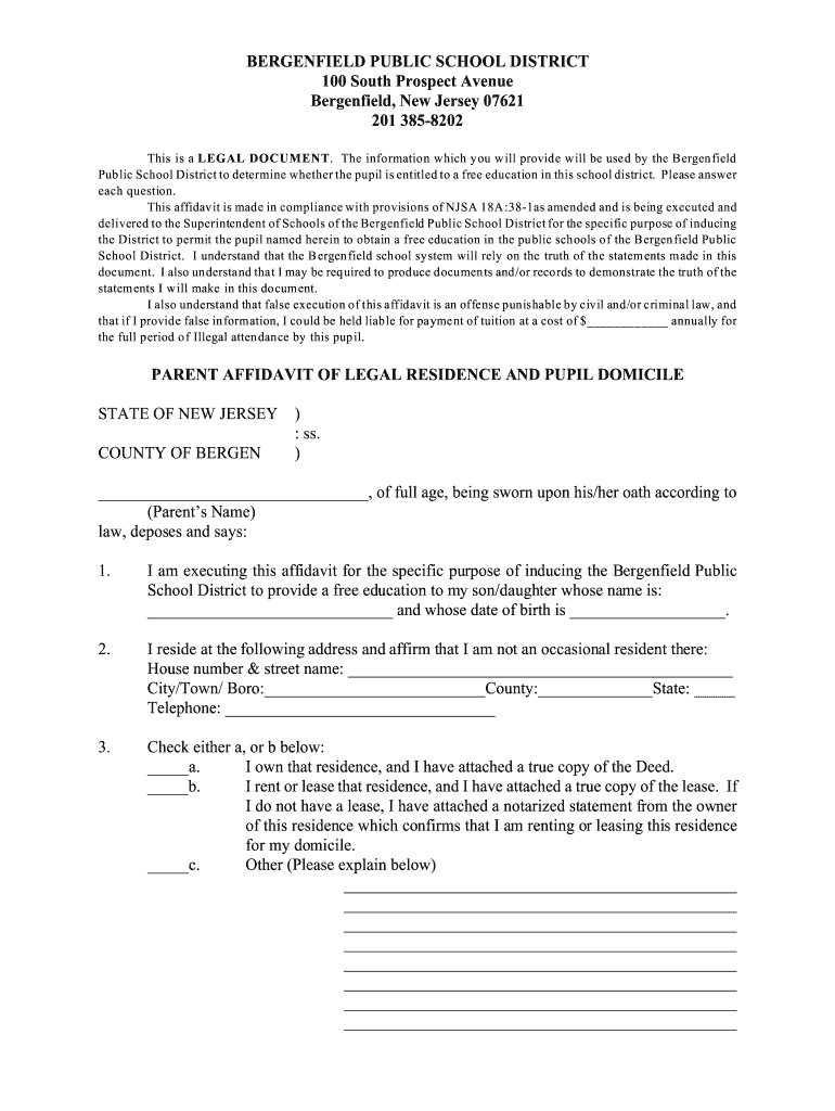 Fillable Online bergenfield Affidavit Form - Bergenfield Public Schools ...