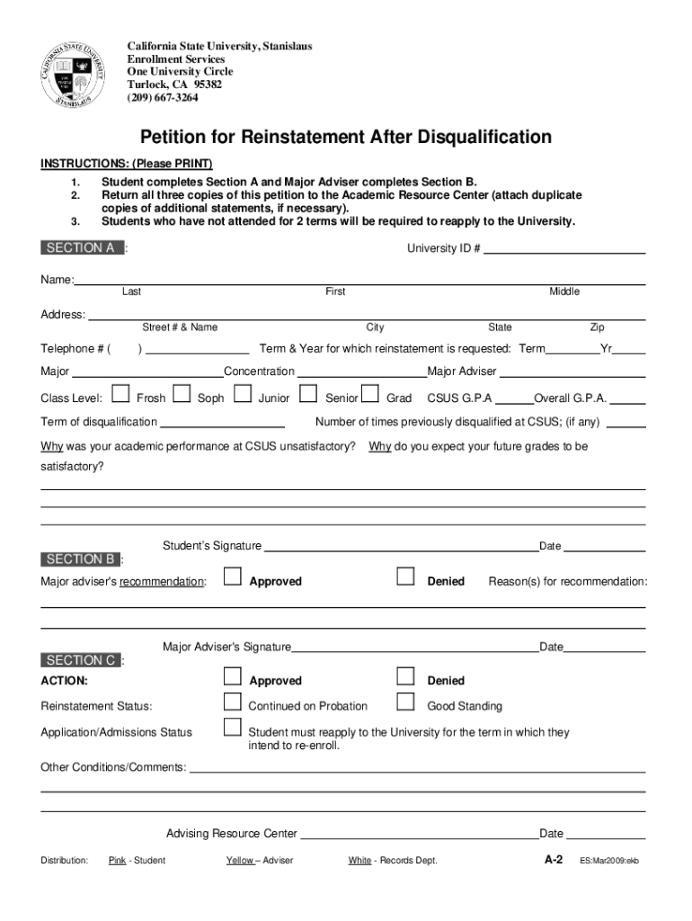 Fillable Online Petition for Reinstatement After Disqualification Fax ...