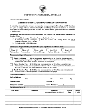 Fillable Online csustan OVERNIGHT ORIENTATION PROGRAM REGISTRATION FORM - csustan Fax Email ...