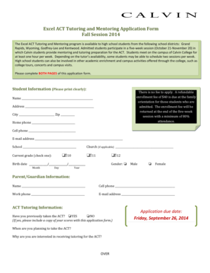Fillable Online calvin Excel ACT Tutoring and Mentoring Application ...