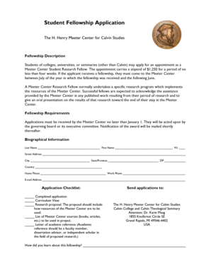 Fillable Online calvin Student Fellowship Application - Calvin College ...