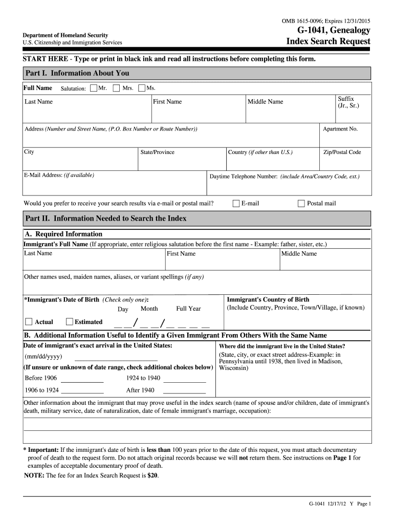 Fillable Online uscis Form G-1041 - USCIS Fax Email Print - pdfFiller