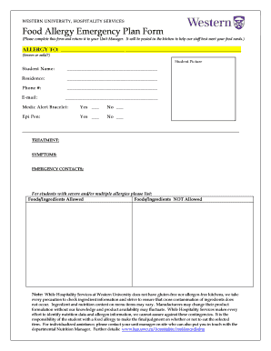 Fillable Online Food Allergy Emergency Plan Form - Housing and Food ...
